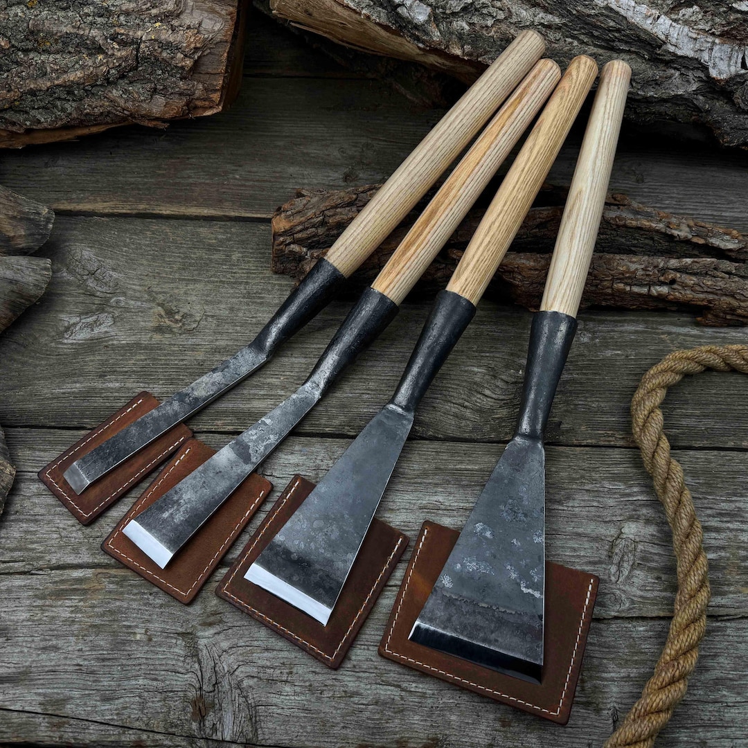 4 PCS Slick Chisel Set. Sharp Carbon Steel Blades, Ash Handles, Leather ...