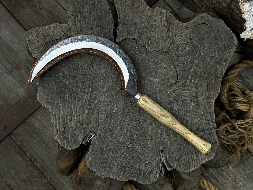 Large Sickle With Long Handle and Leather Sheath. Sharp Blade. Hand ...