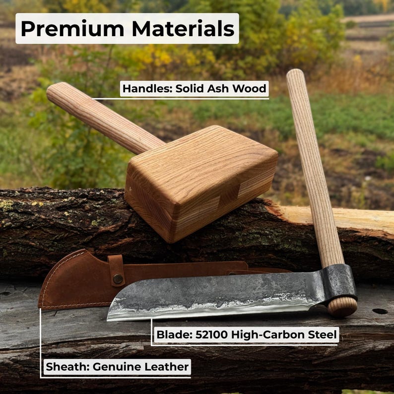 Splitting Froe and Wooden Mallet Set – Hand Forged Wood Splitter Tool ...