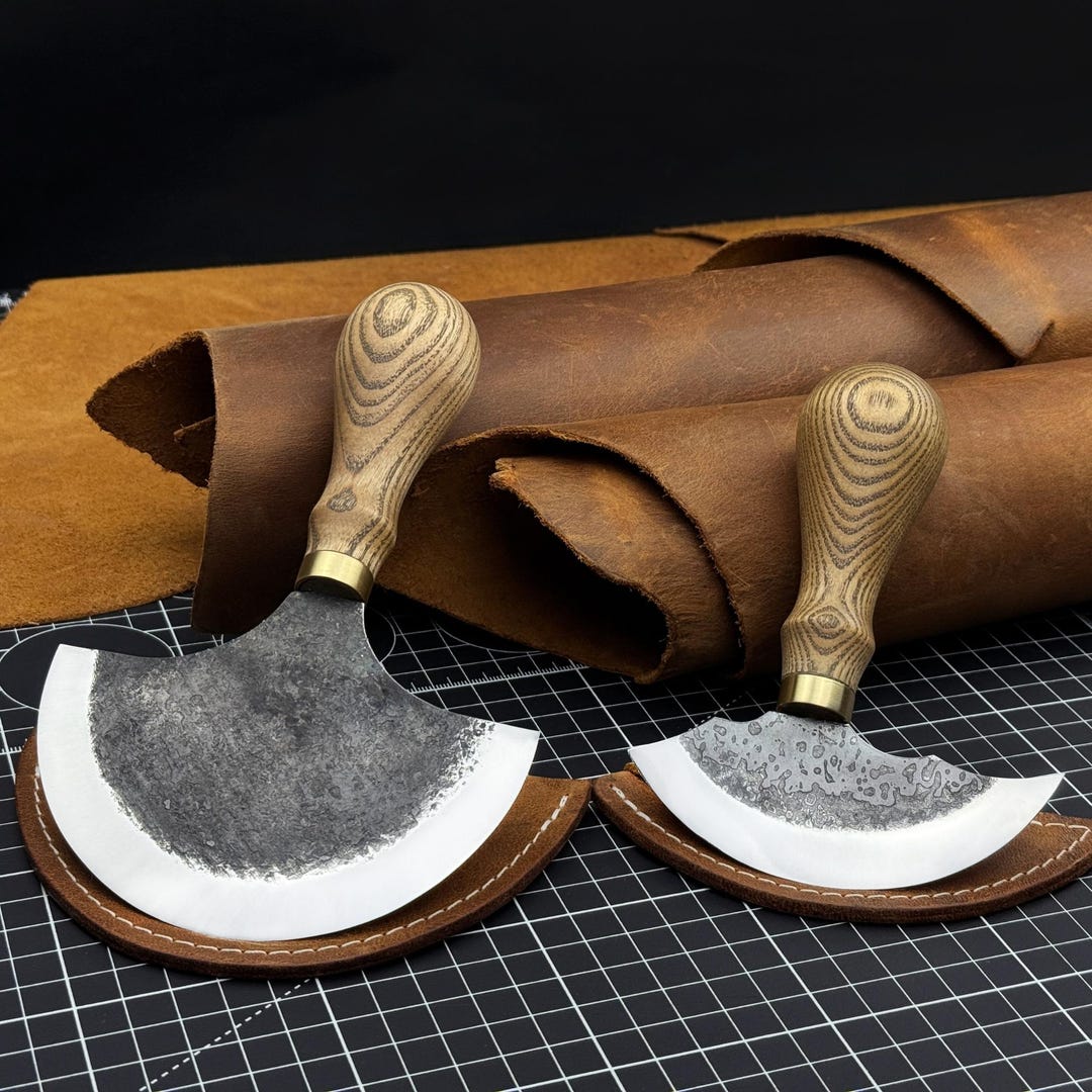 2-piece Leather Round Knife Set. Razor Sharp Blades. Half Moon Knives ...