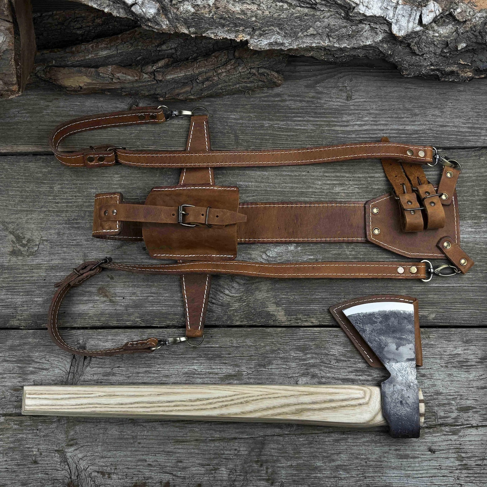 Bushcraft Hatchet. Sharp Carbon Steel Blade, Ash Wood Handle, Leather ...
