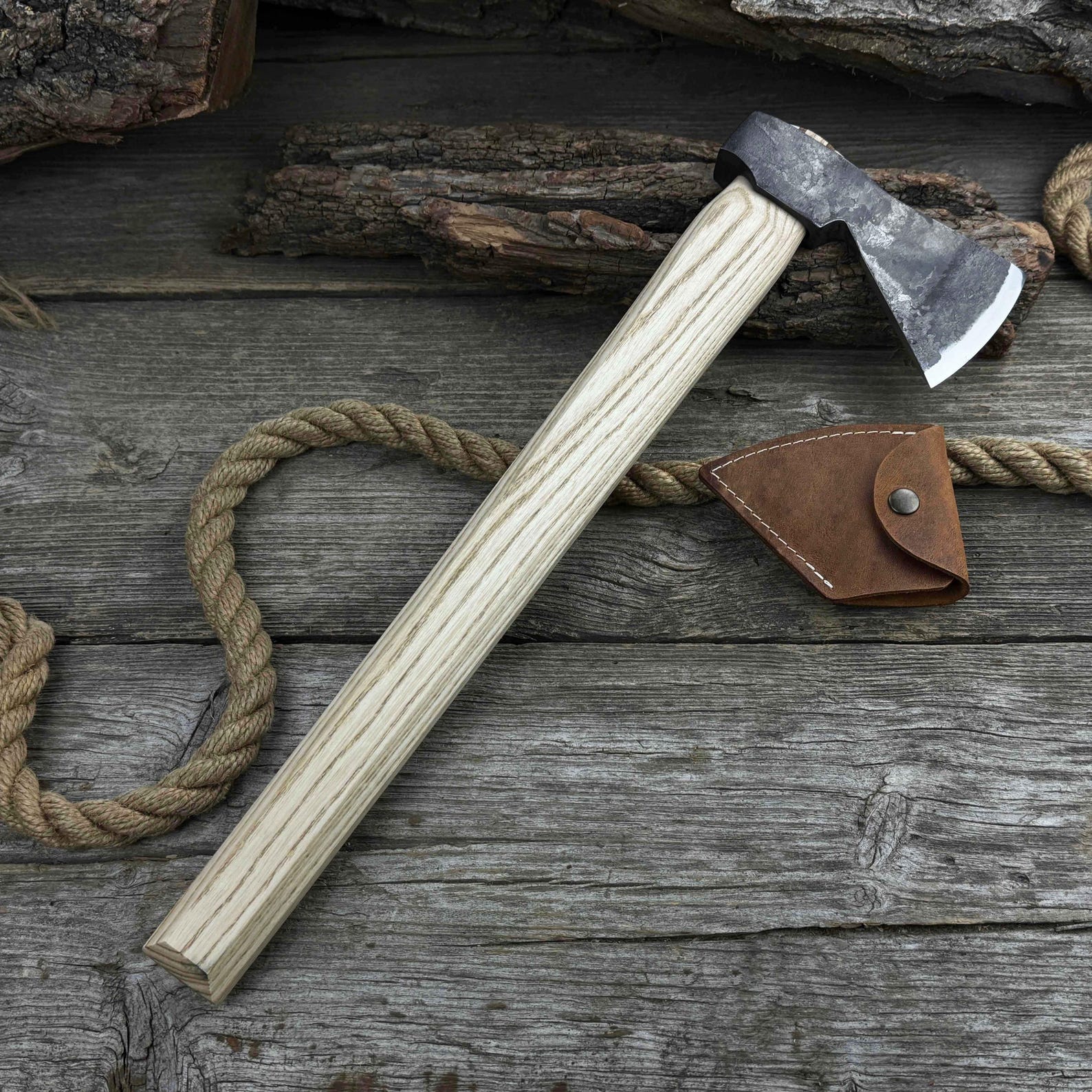 Bushcraft Hatchet. Sharp Carbon Steel Blade, Ash Wood Handle, Leather ...