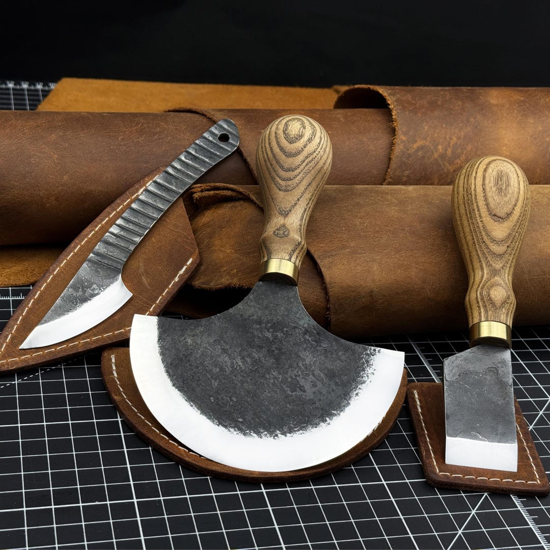 Leather Knives 3-piece Set. 52100 Carbon Steel Blades. Ash Wood Handles ...