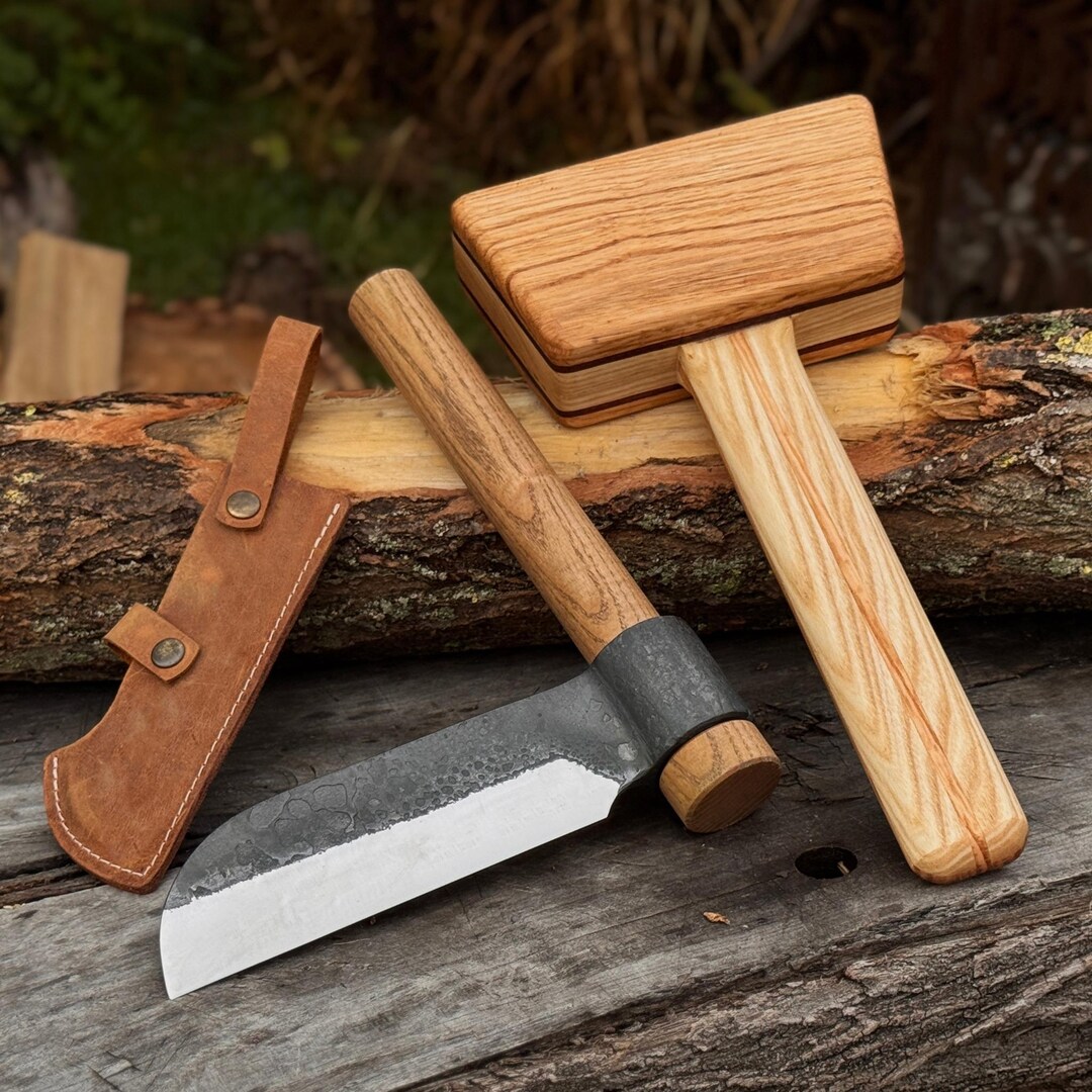 Small Splitting Froe and Wooden Mallet Set – 52100 Carbon Steel Blade ...