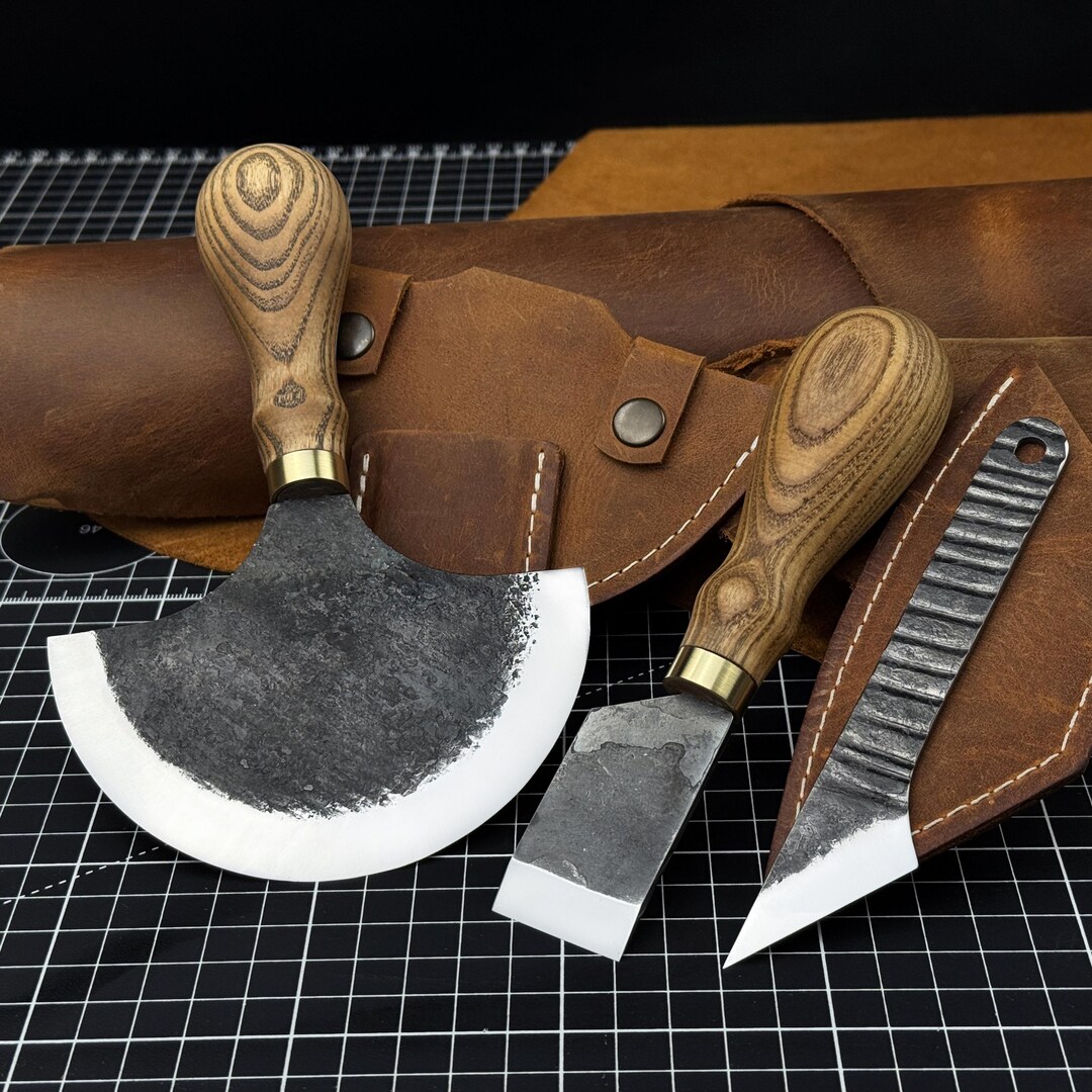 3-piece Leatherworking Knife Set. 52100 Carbon Steel Blades, Ash Wood ...