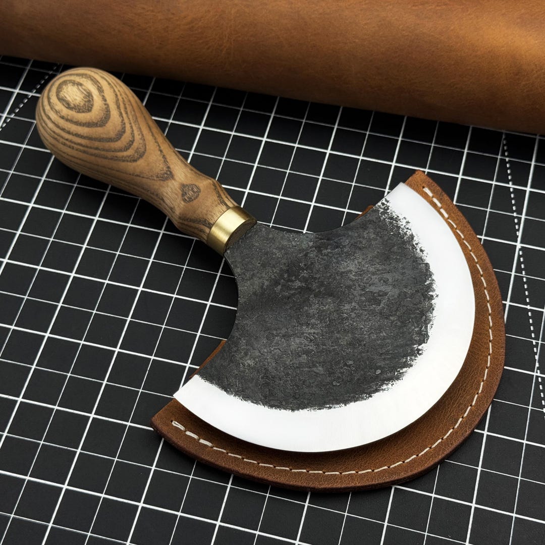 Leather Half Moon Head Knife. Hand-forged 52100 Carbon Steel Blade, Ash ...