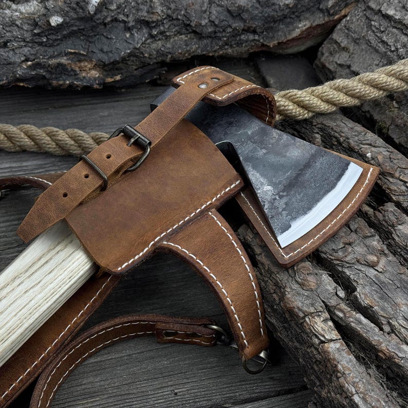 Bushcraft Hatchet. Sharp Carbon Steel Blade, Ash Wood Handle, Leather ...