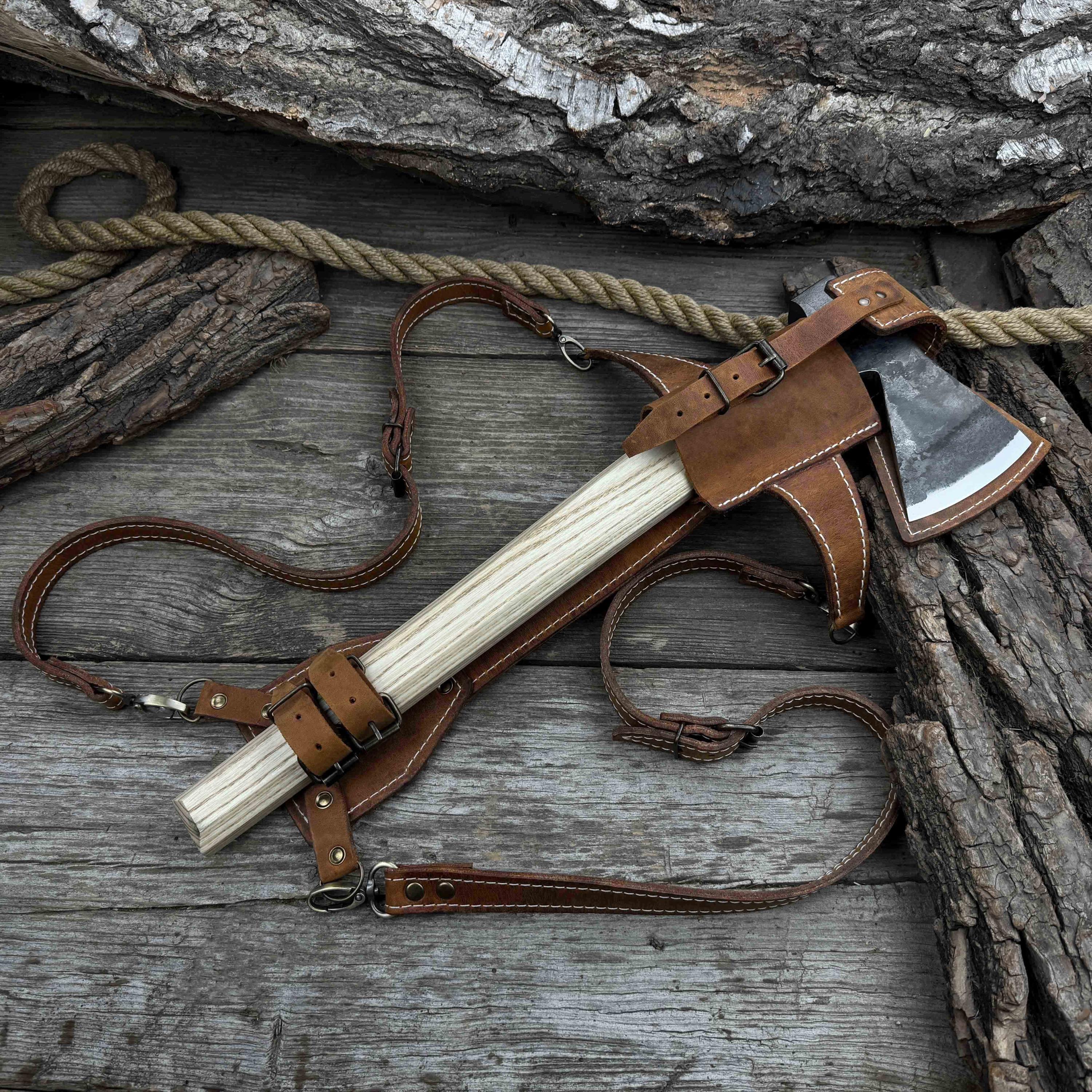 Bushcraft Hatchet. Sharp Carbon Steel Blade, Ash Wood Handle, Leather ...
