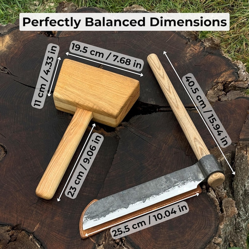 Splitting Froe and Wooden Mallet Set – Hand Forged Wood Splitter Tool ...