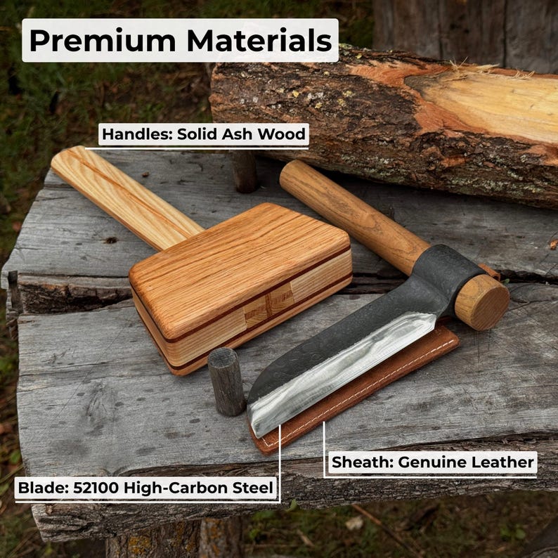 Splitting Froe and Wooden Mallet. 52100 Carbon Steel Blade, Ash Handle ...