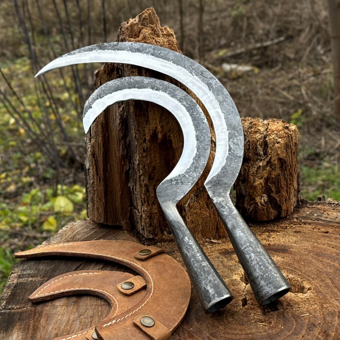 Hand-forged 2-piece Garden Sickle Set With Leather Sheath. Carbon Steel ...