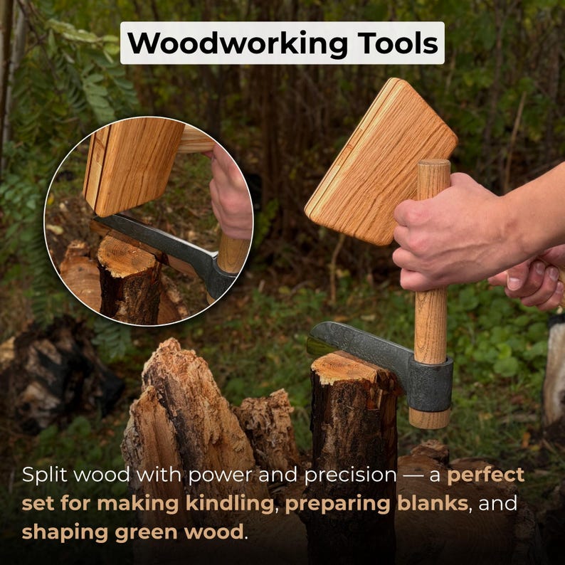 Splitting Froe and Wooden Mallet. 52100 Carbon Steel Blade, Ash Handle ...
