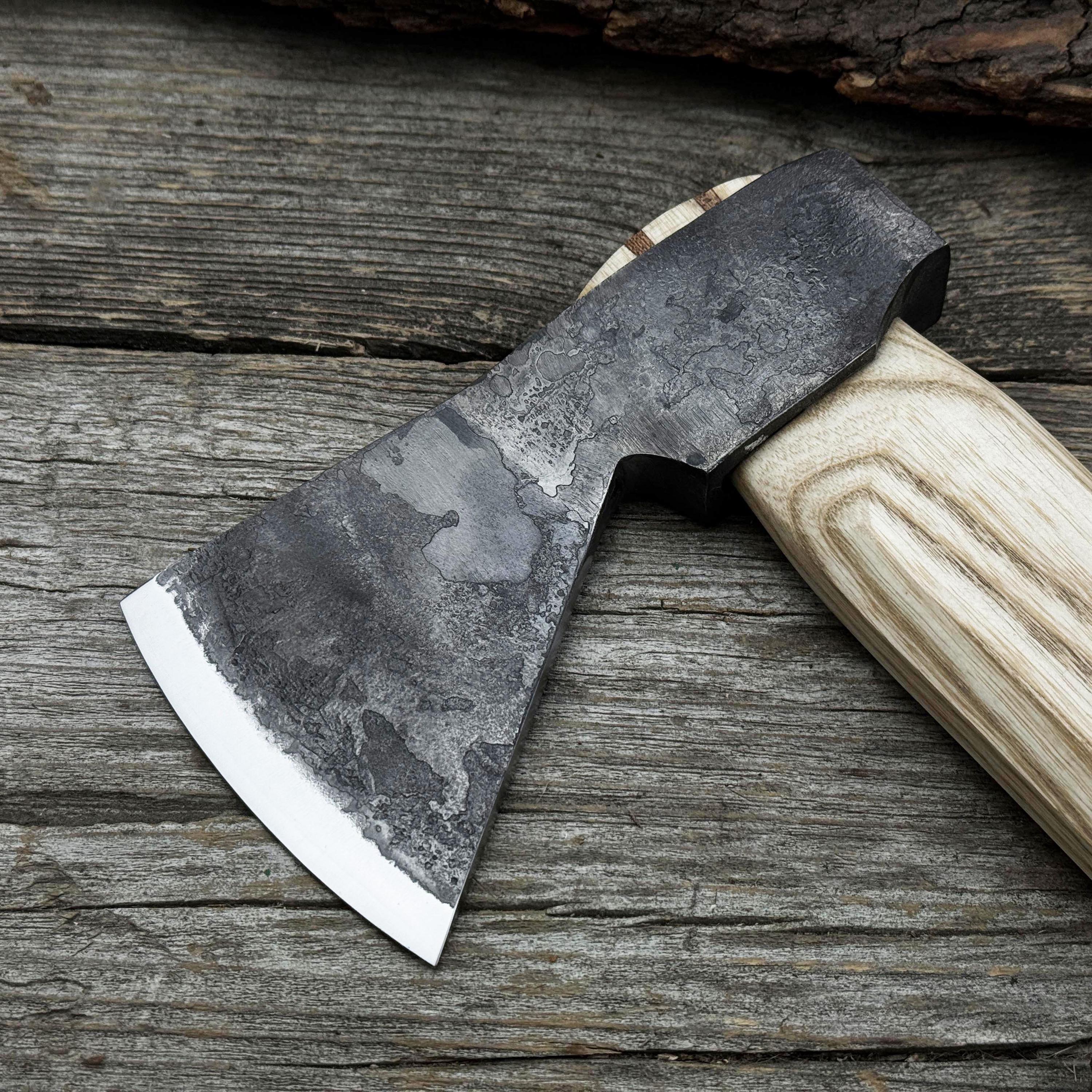Bushcraft Hatchet. Sharp Carbon Steel Blade, Ash Wood Handle, Leather ...