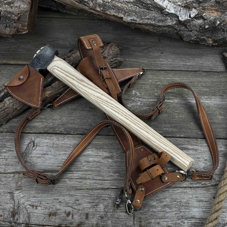 Bushcraft Hatchet. Sharp Carbon Steel Blade, Ash Wood Handle, Leather ...