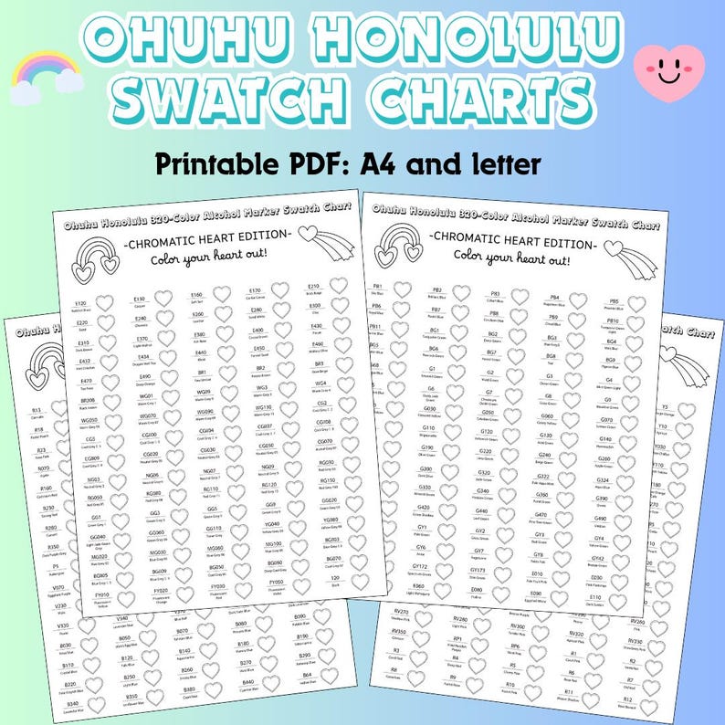 Ohuhu Honolulu 320 Marker Swatch Chart | Chromatic Heart Edition ...