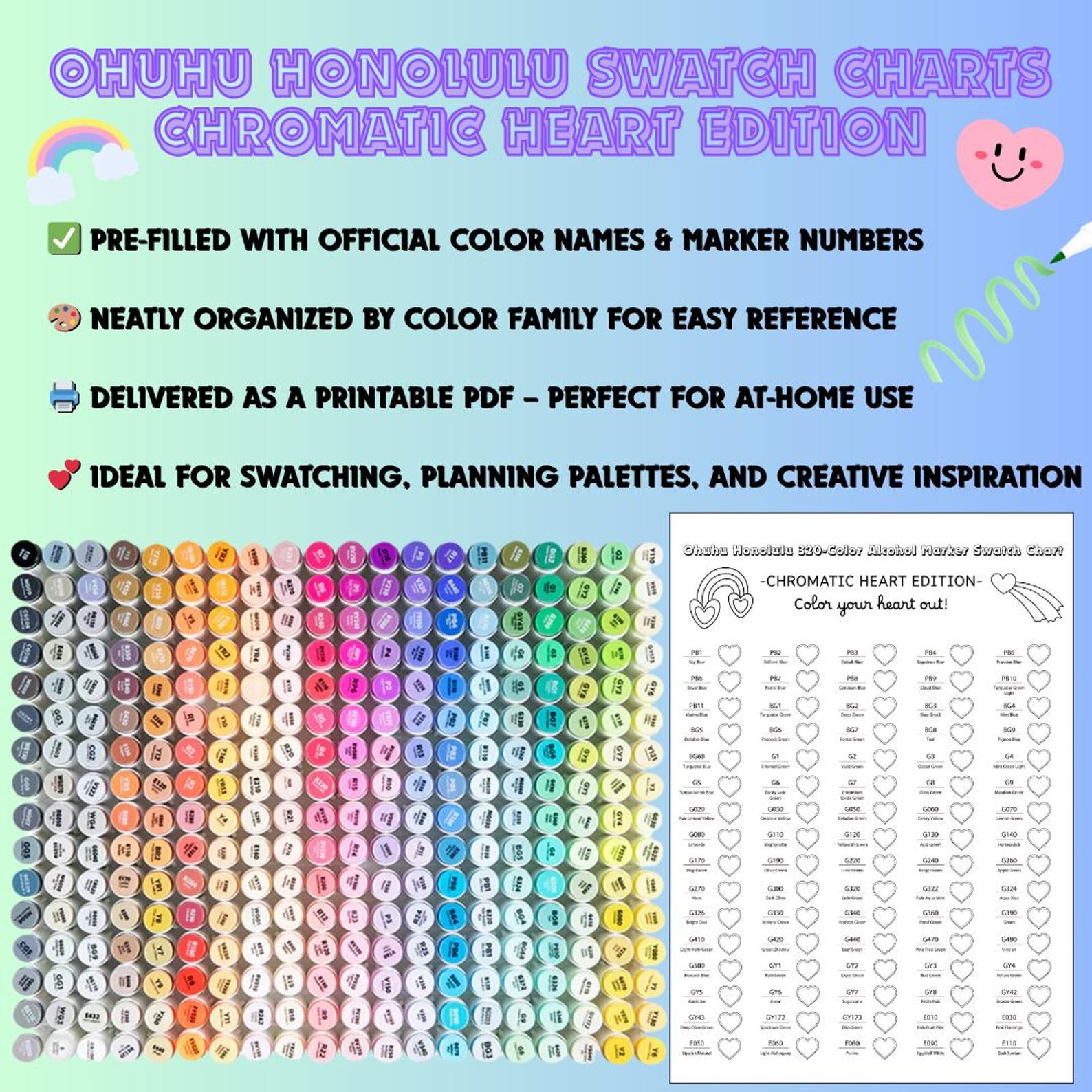Ohuhu Honolulu 320 Marker Swatch Chart | Chromatic Heart Edition ...