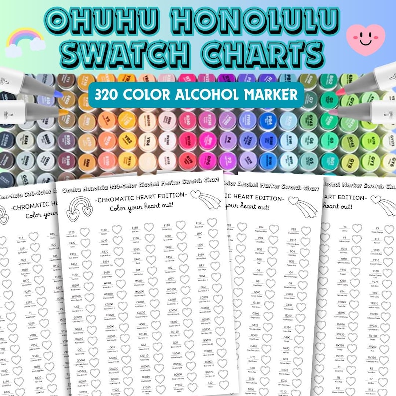 Ohuhu Honolulu 320 Marker Swatch Chart | Chromatic Heart Edition ...