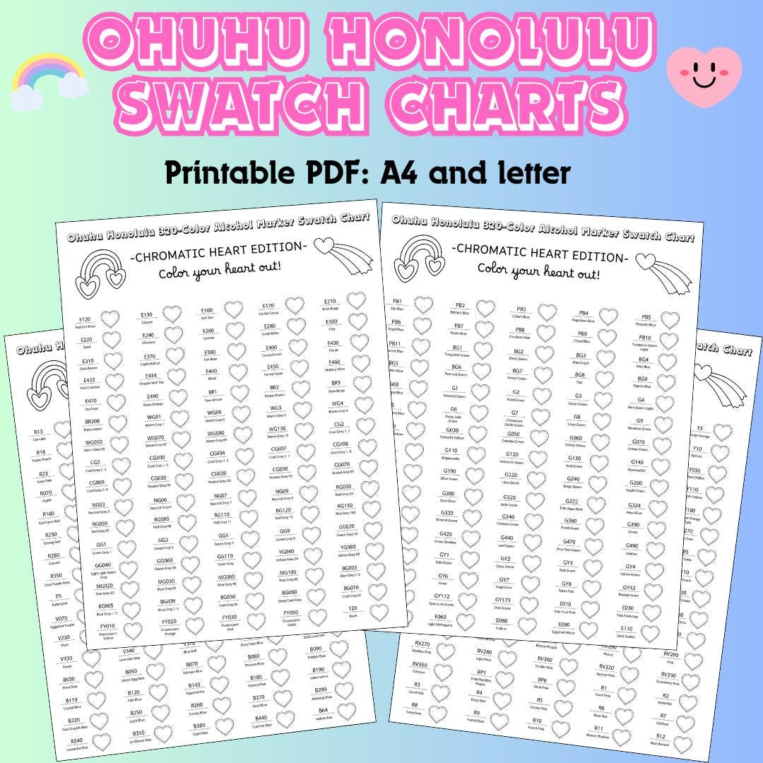 Ohuhu Honolulu 320 Marker Swatch Chart | Chromatic Heart Edition ...