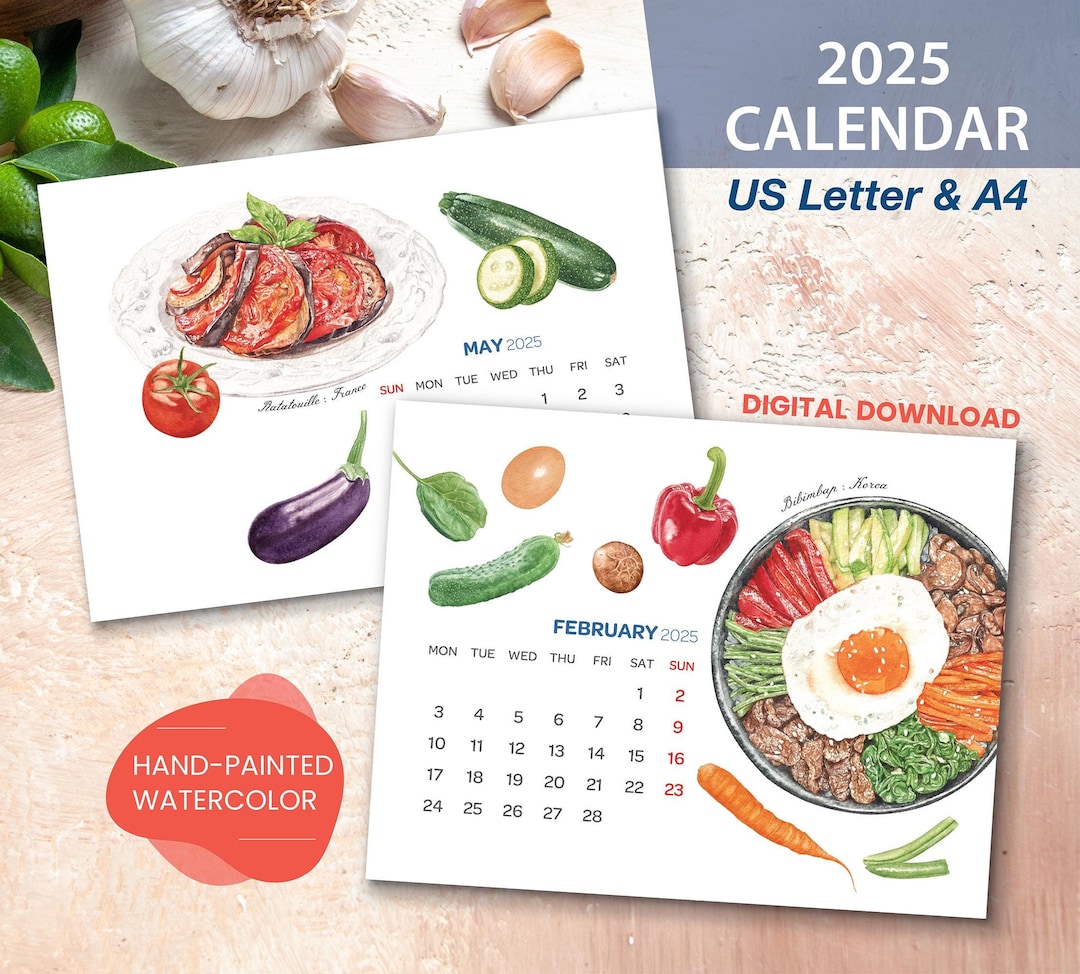 Printable Calendar 2025, Watercolor Art Calendar, Food Art Calendar, US ...