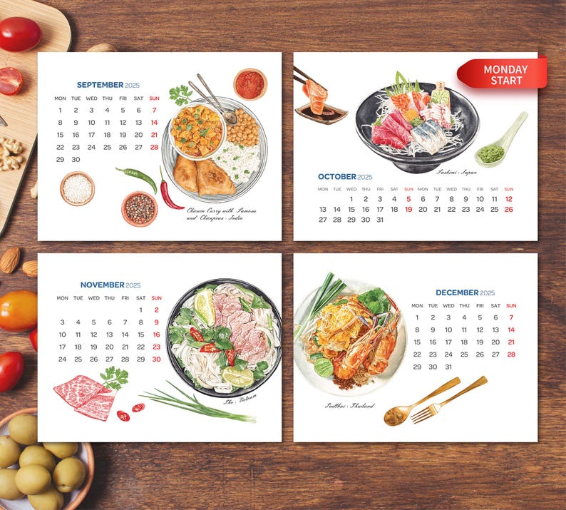 Printable Calendar 2025, Watercolor Art Calendar, Food Art Calendar, US ...