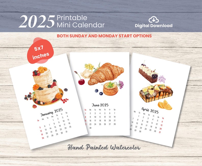 Mini Calendar 2025, Watercolor Food Calendar 2025, 5 X 7 Inches ...