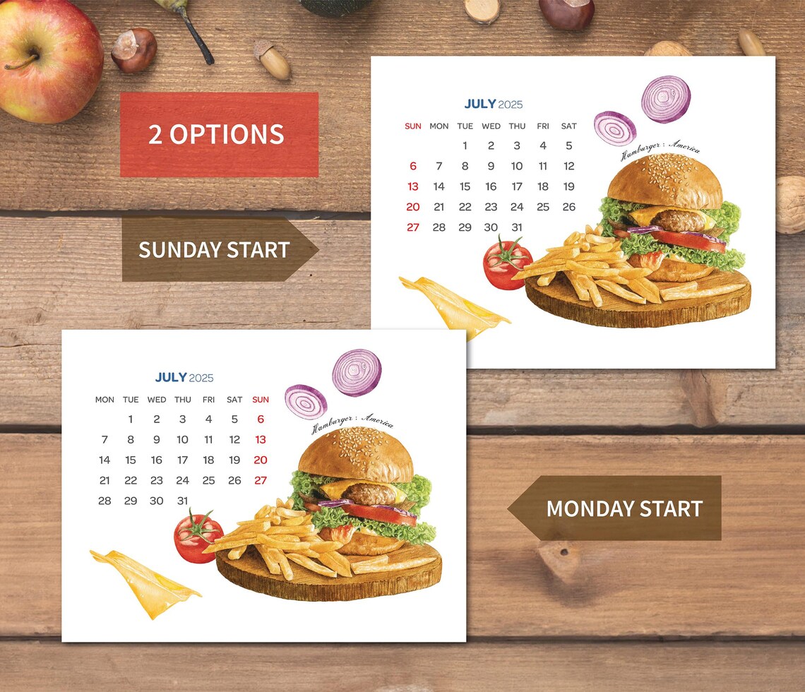 Printable Calendar 2025, Watercolor Art Calendar, Food Art Calendar, US ...