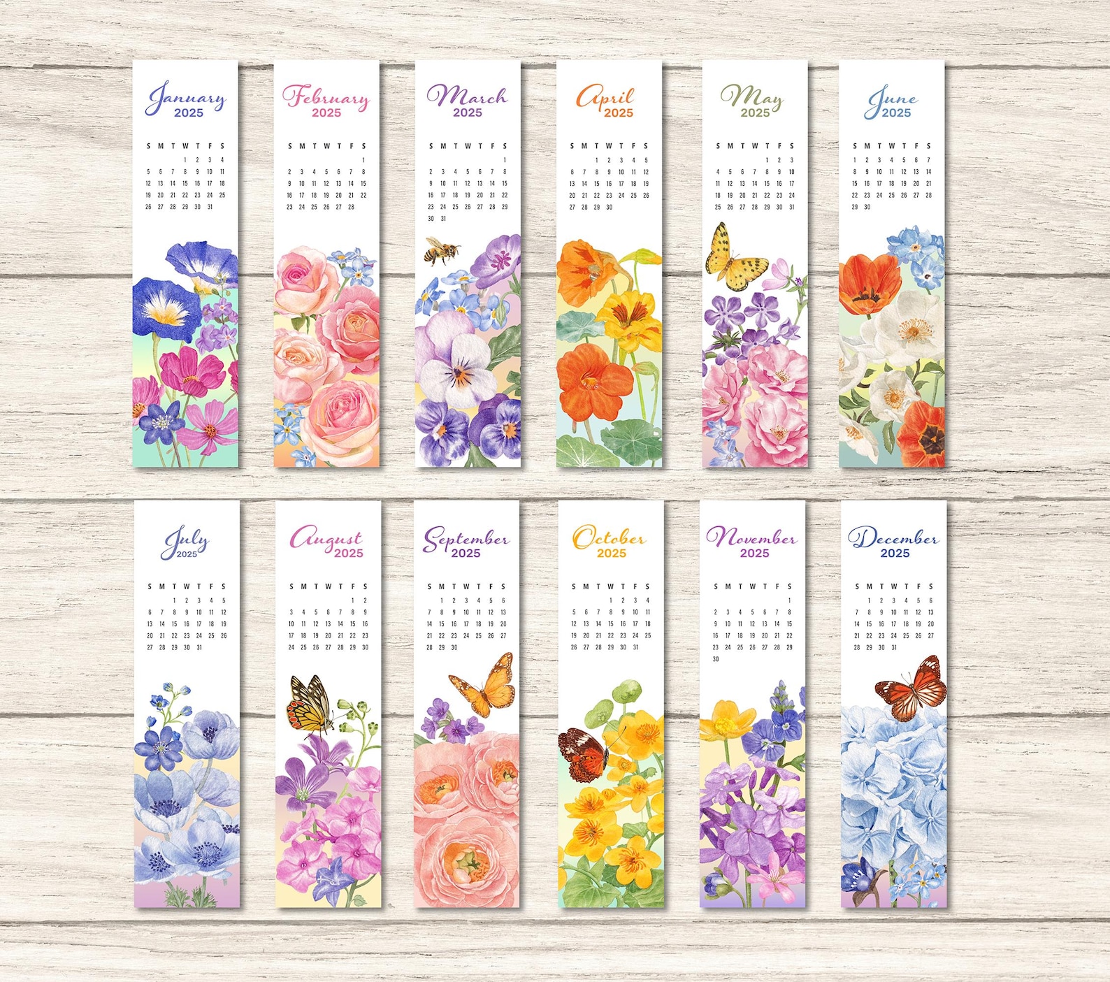 Calendar Bookmarks 2025, Printable Calendar, 1.75"x6.75", Floral ...
