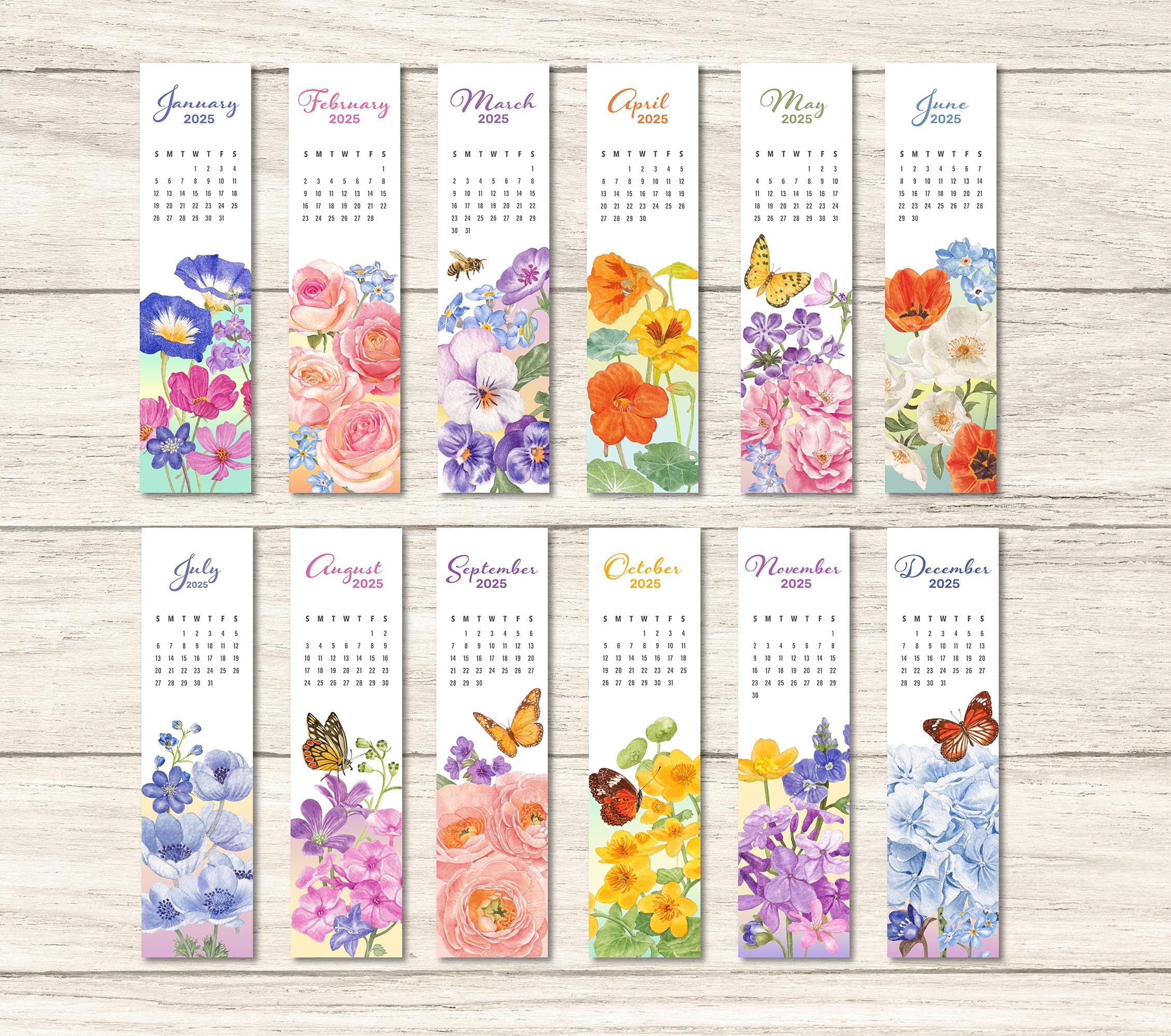 Calendar Bookmarks 2025, Printable Calendar, 1.75"x6.75", Floral ...