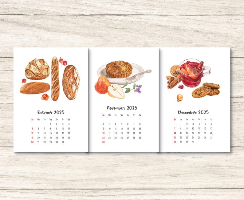 Mini Calendar 2025, Watercolor Food Calendar 2025, 5 X 7 Inches ...
