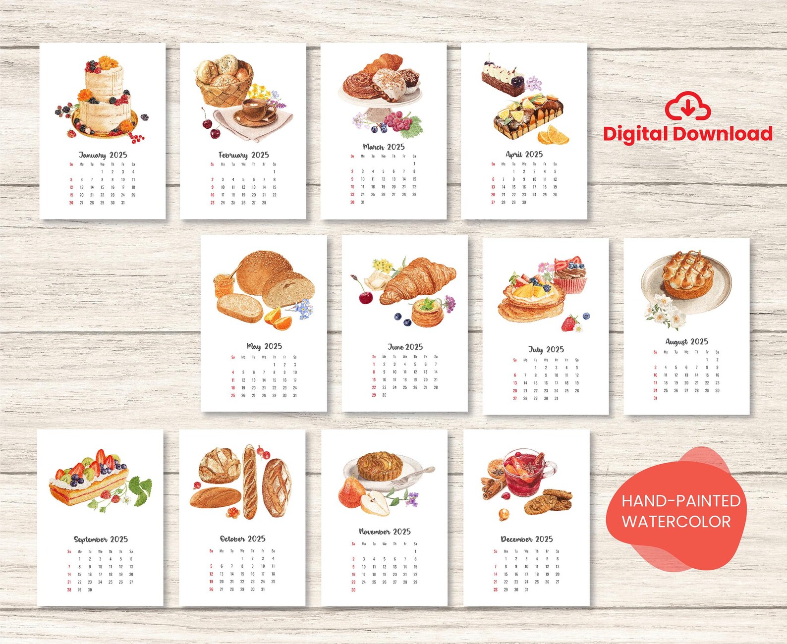 Mini Calendar 2025, Watercolor Food Calendar 2025, 5 X 7 Inches ...
