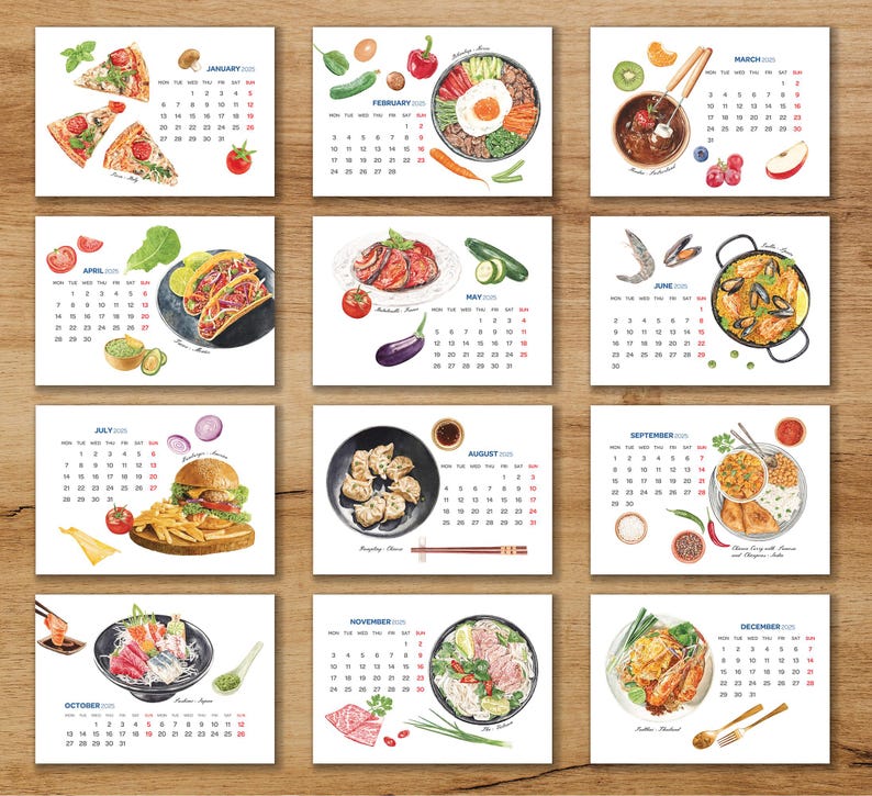 Printable Calendar 2025, Watercolor Art Calendar, Food Art Calendar, US ...