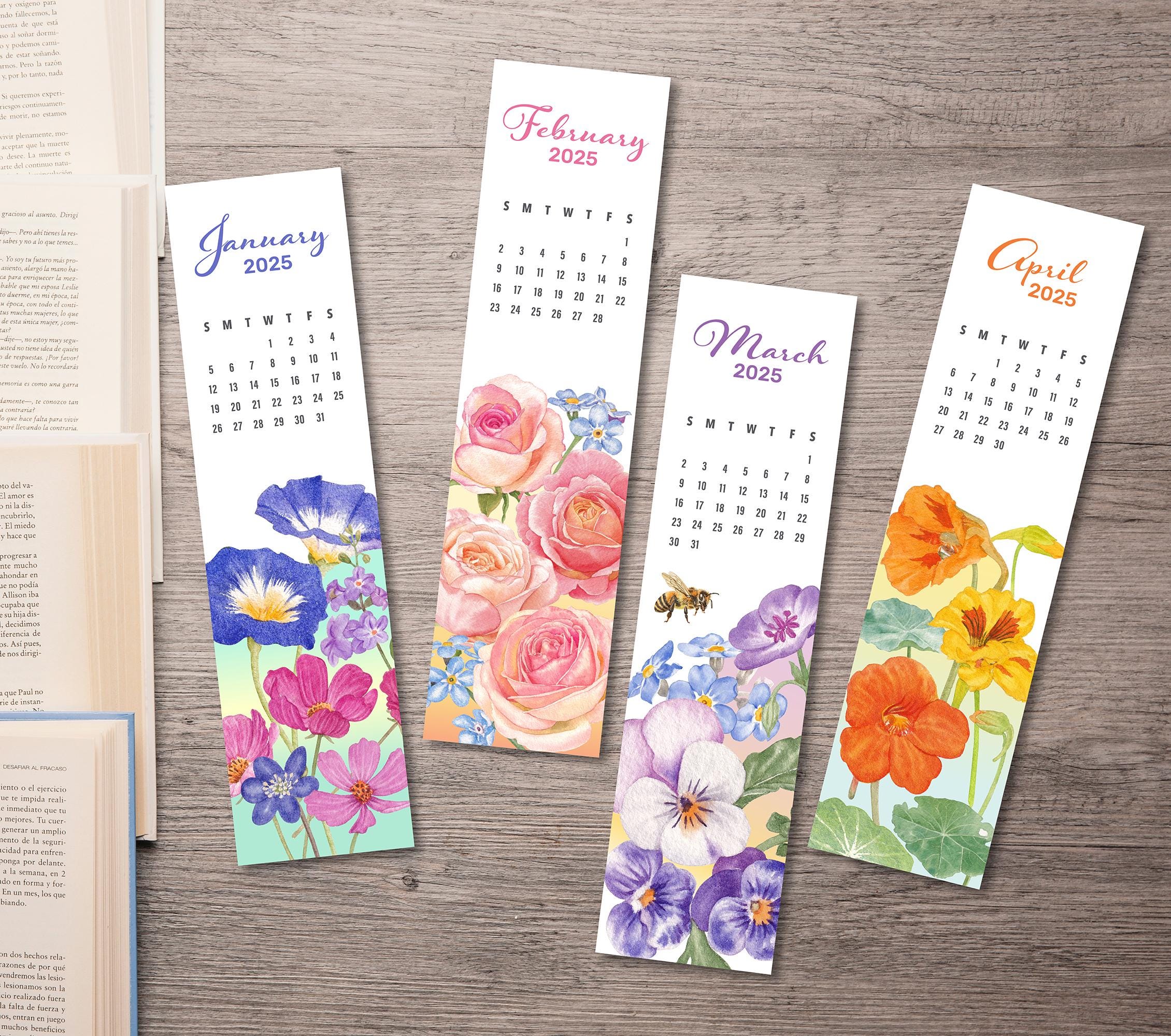 Calendar Bookmarks 2025, Printable Calendar, 1.75"x6.75", Floral ...