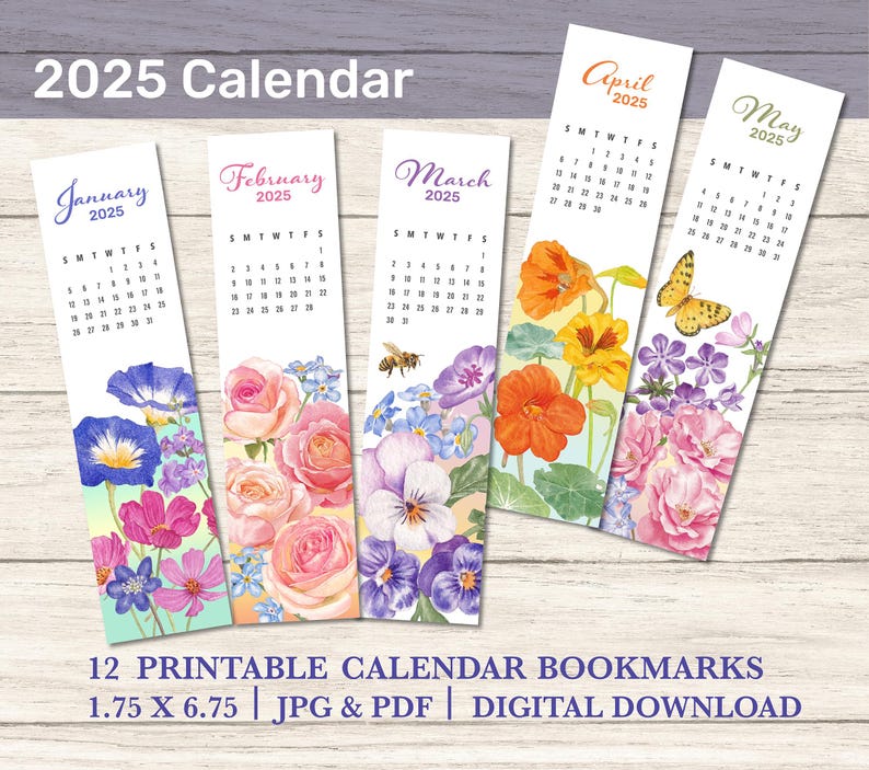 Calendar Bookmarks 2025, Printable Calendar, 1.75"x6.75", Floral ...