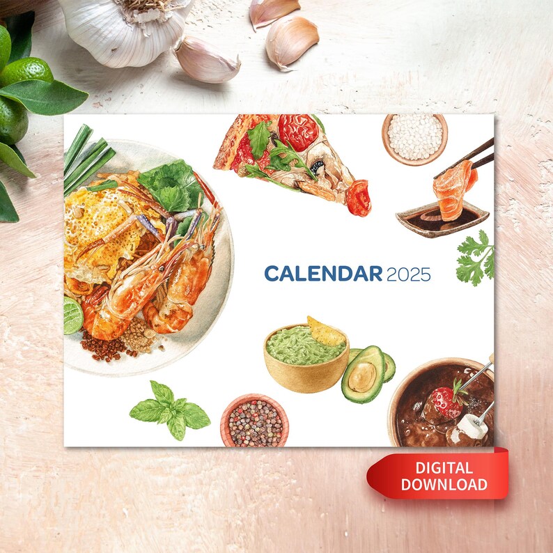 Printable Calendar 2025, Watercolor Art Calendar, Food Art Calendar, US ...