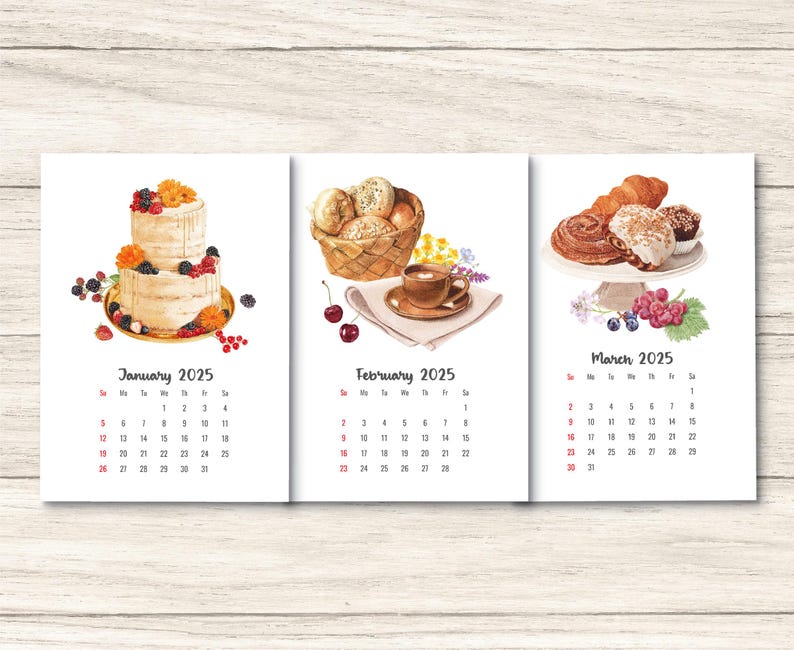 Mini Calendar 2025, Watercolor Food Calendar 2025, 5 X 7 Inches ...