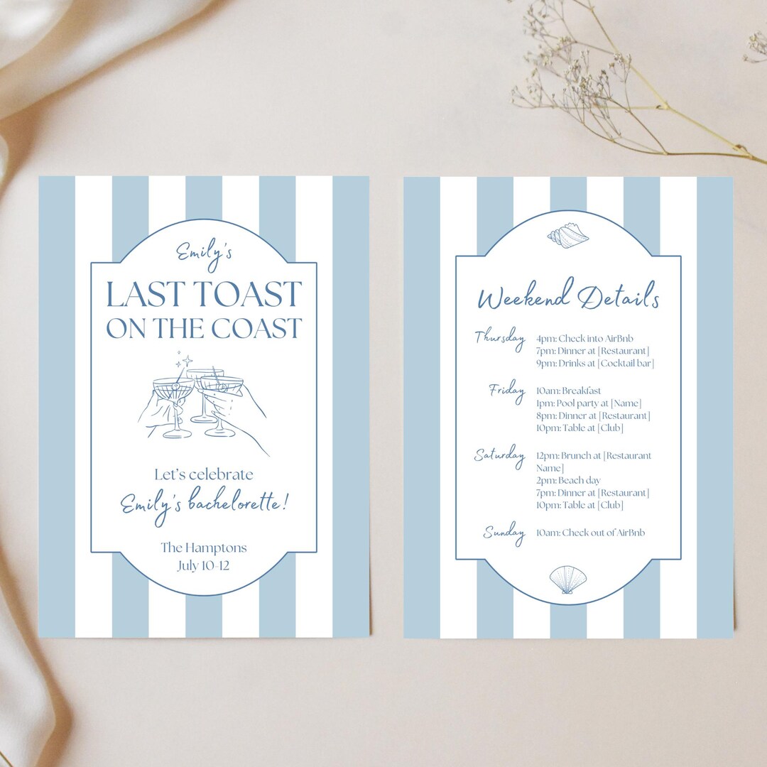 Bachelorette "last Toast on the Coast" Invitation & Itinerary Template ...
