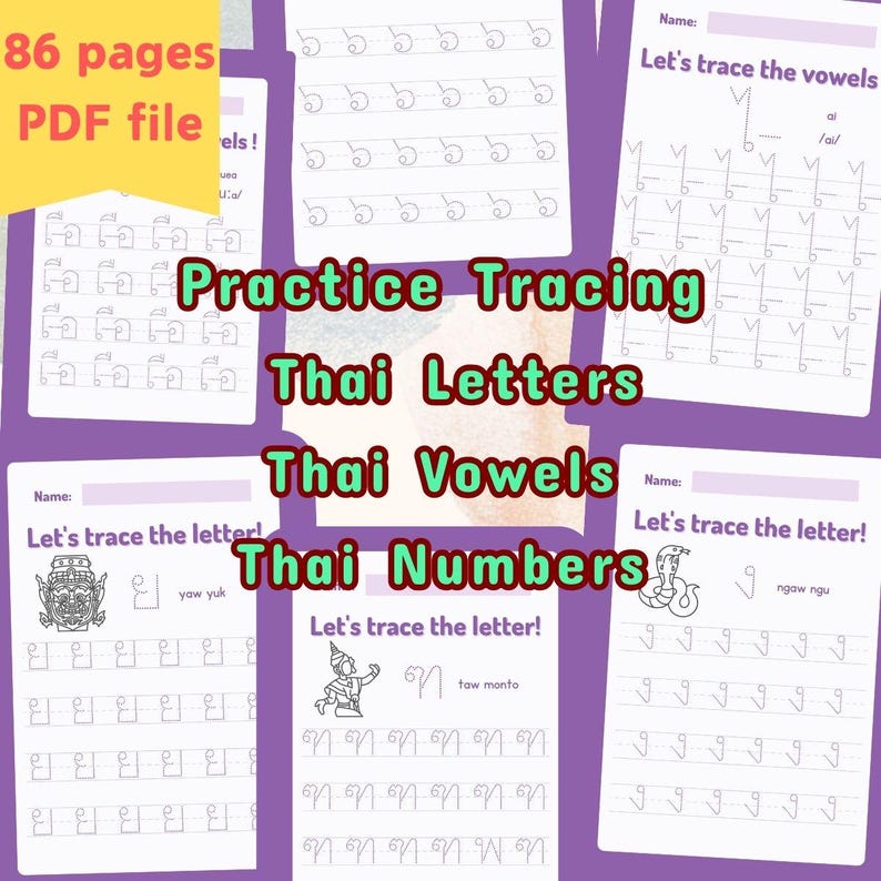 PDF Printable Tracing Thai Letters Vowels Numbers 86 Pages - Etsy