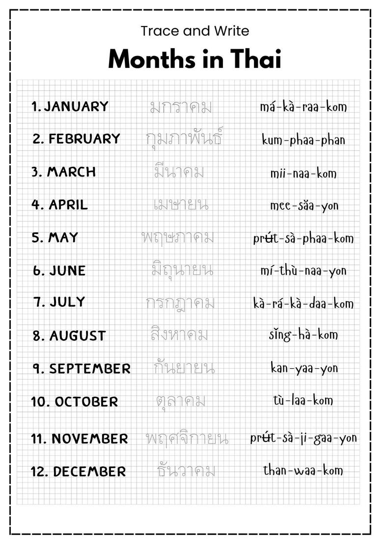 47 Pages Printable Practice Tracing Thai Alphabet Number Days Months - Etsy