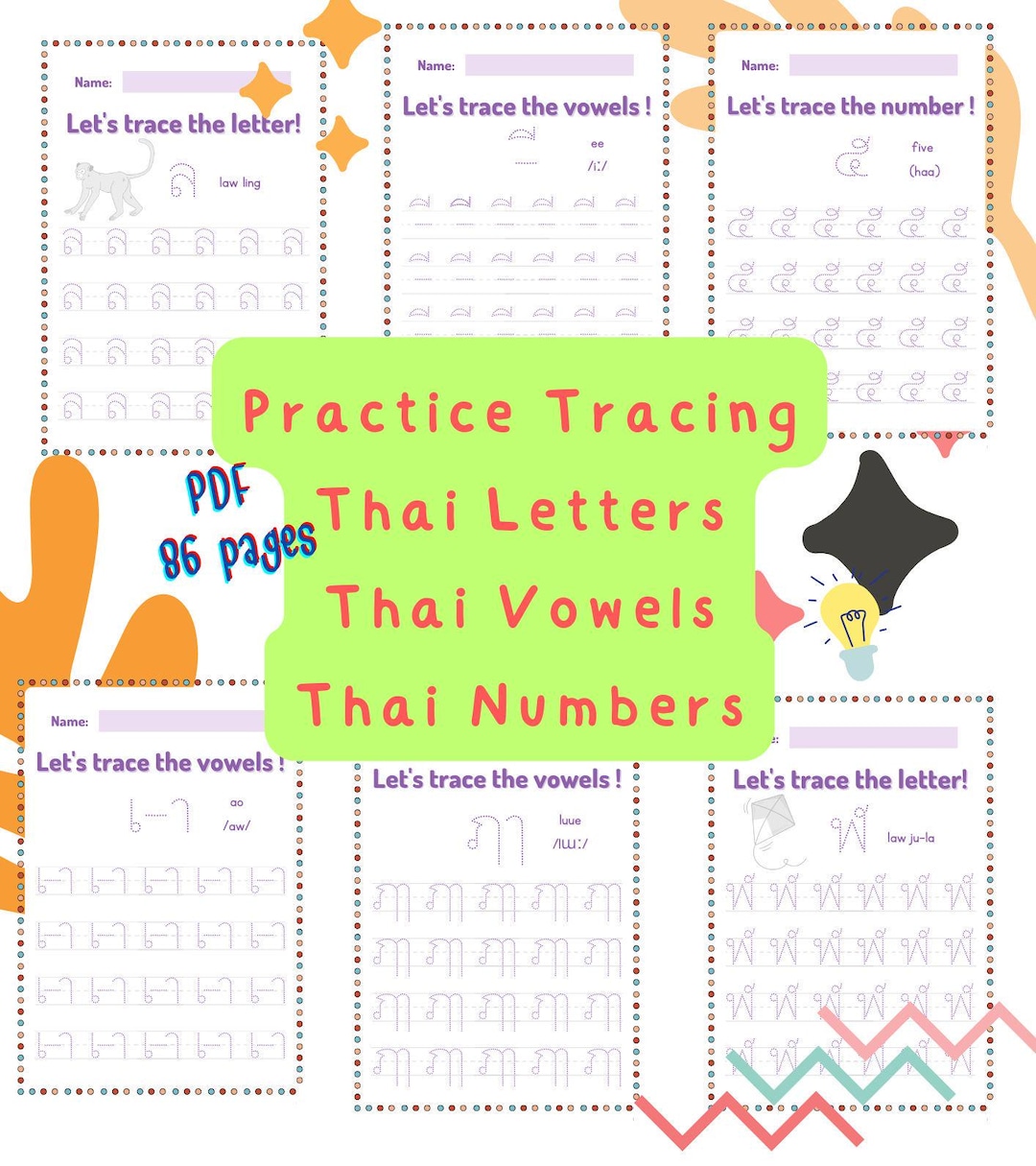 PDF Printable Tracing Thai Letters Vowels Numbers 86 Pages - Etsy