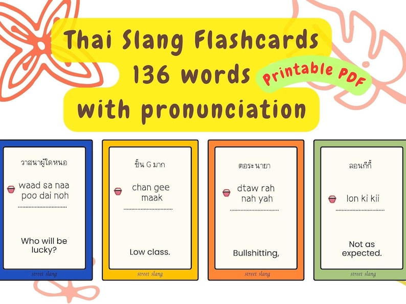 136 Words Thai Slang Flashcards-pdf Printable - Etsy