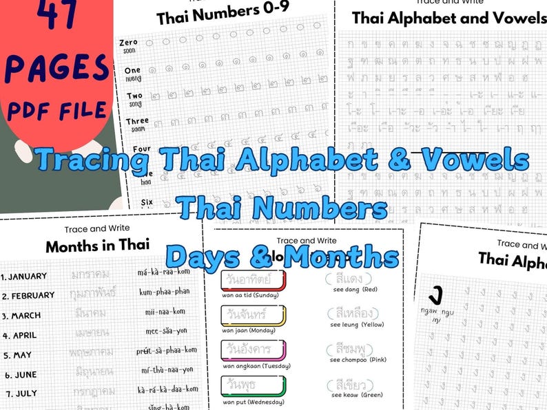 47 Pages Printable Practice Tracing Thai Alphabet Number Days Months - Etsy