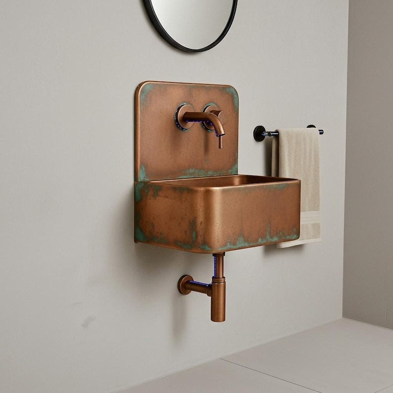 Rustic Patina Copper Bathroom Sink Wall Mounted, Industrial Vanity ...