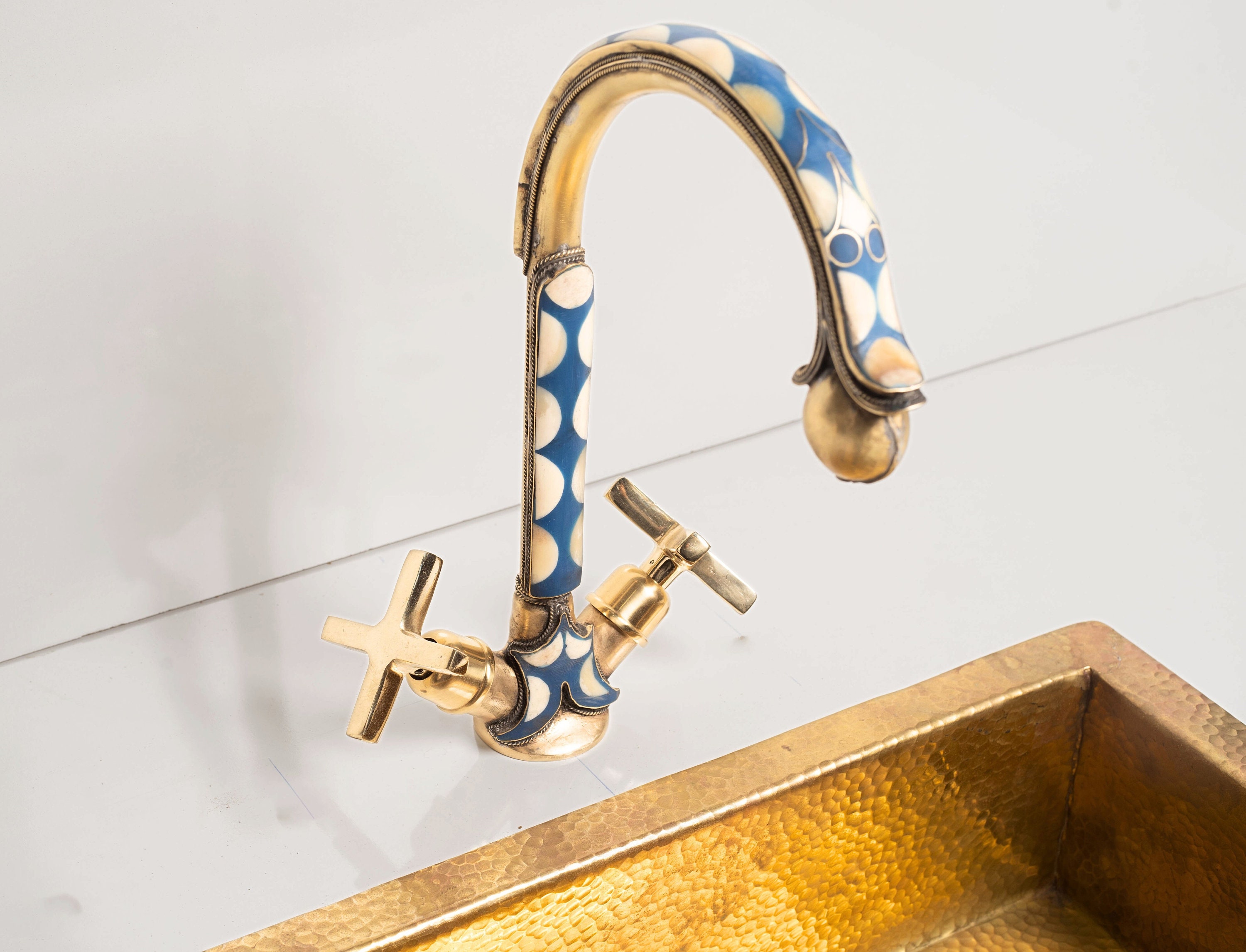 Vintage Unlacquered Brass Gooseneck Faucet | Blue Resin & Bone Accents ...