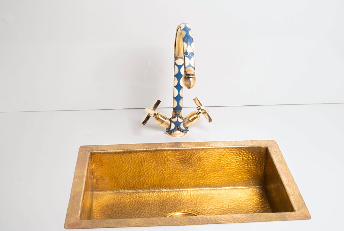 Vintage Unlacquered Brass Gooseneck Faucet | Blue Resin & Bone Accents ...