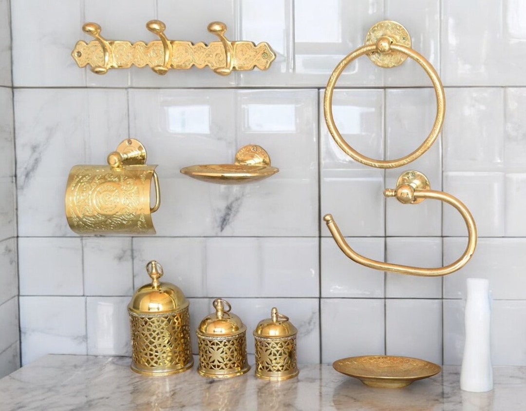Full Set of Solid Brass Bathroom Accessories , Unlacquered Brass Bathroom Decoration , Pack of ...