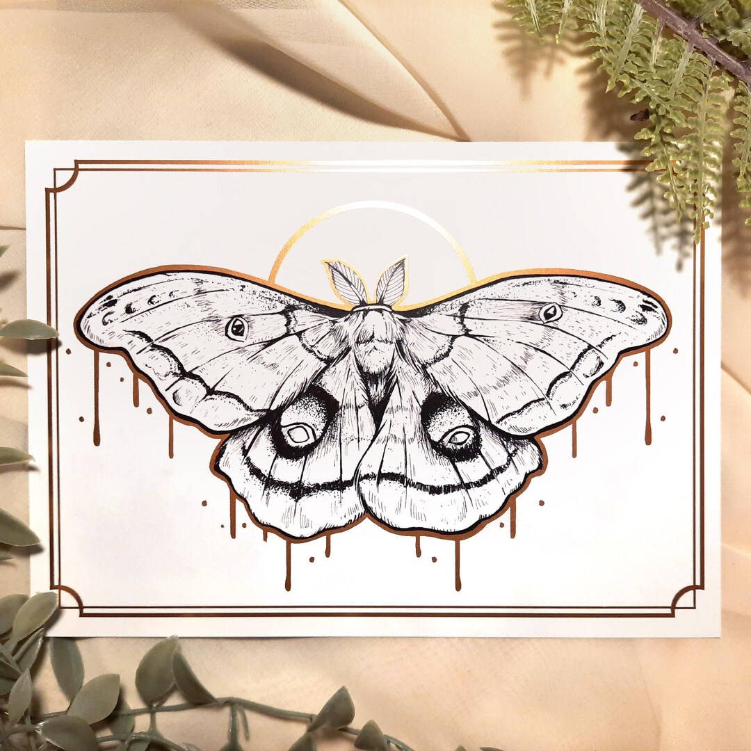 Polyphemus Moth Rose Gold Foil Art Print | 5x7 Witchy Nature Artwork ...