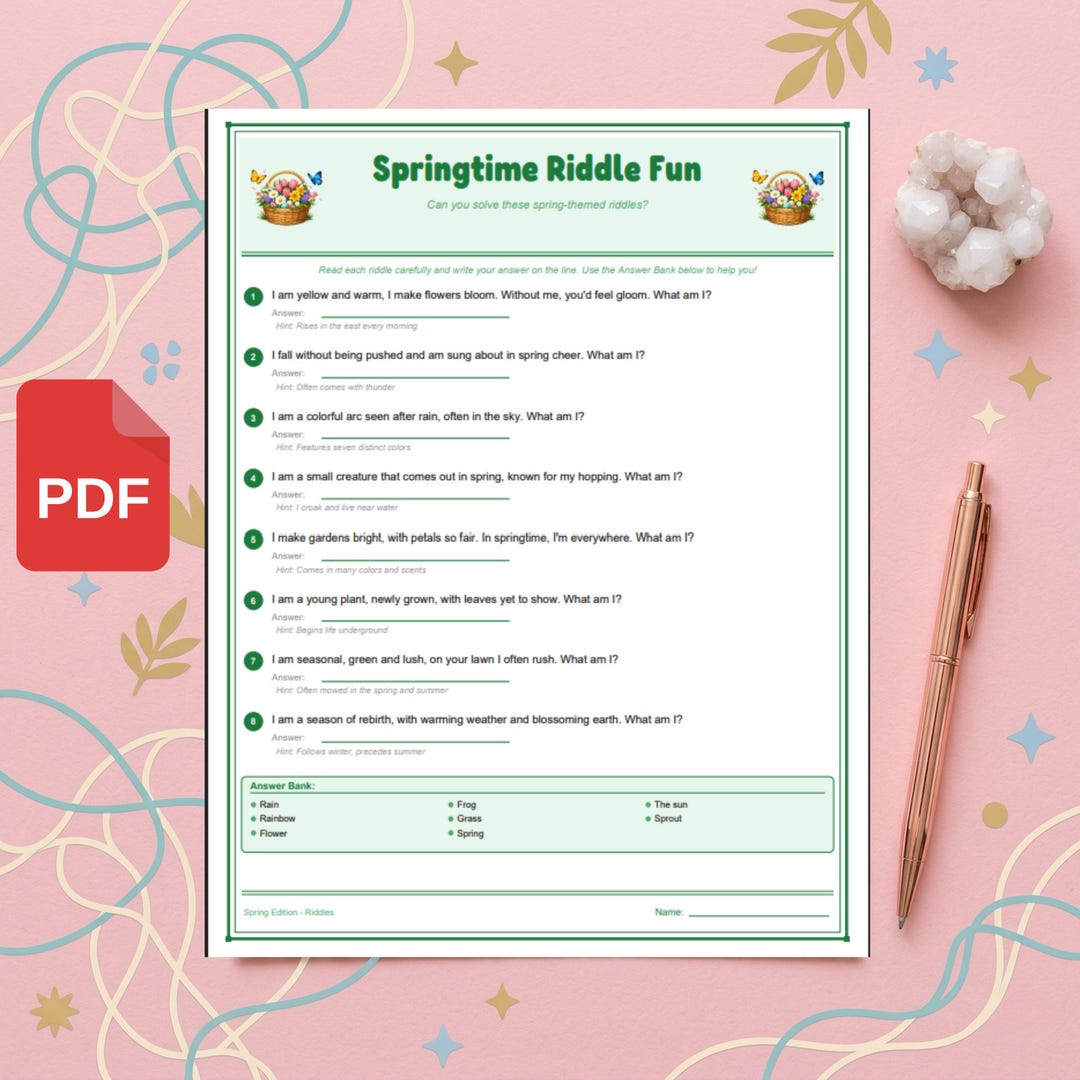 Spring Riddle Party Game Printable, Springtime Riddles for Kids ...