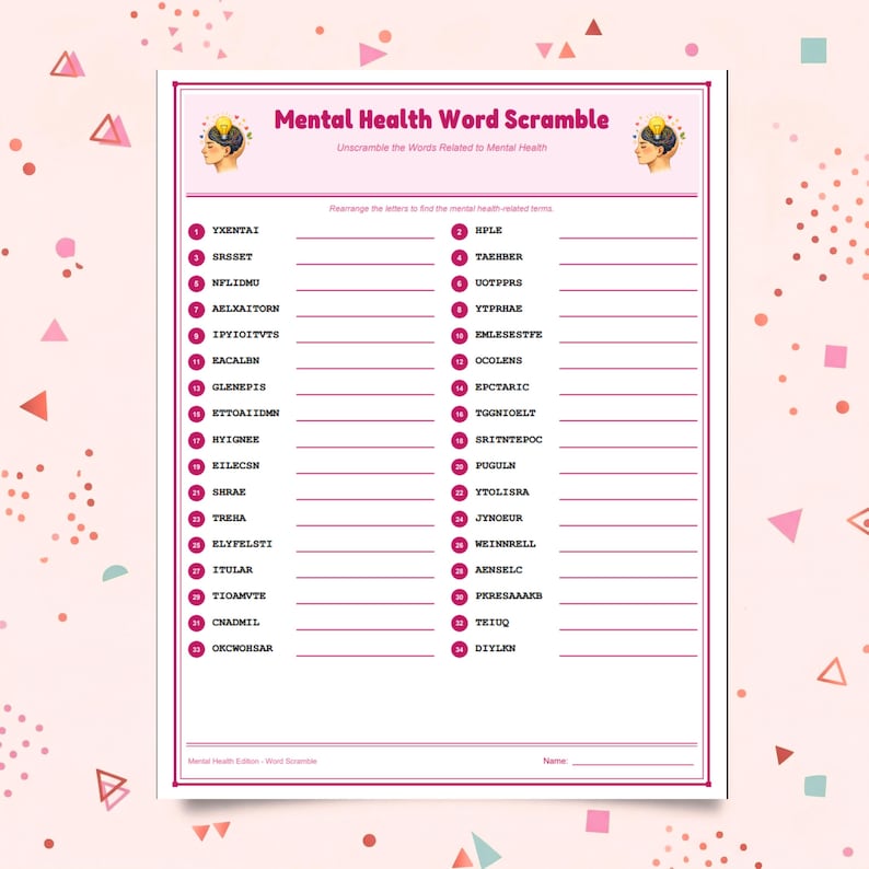 Mental Health Word Scramble Printable, Wellness Game for Adults, Self ...