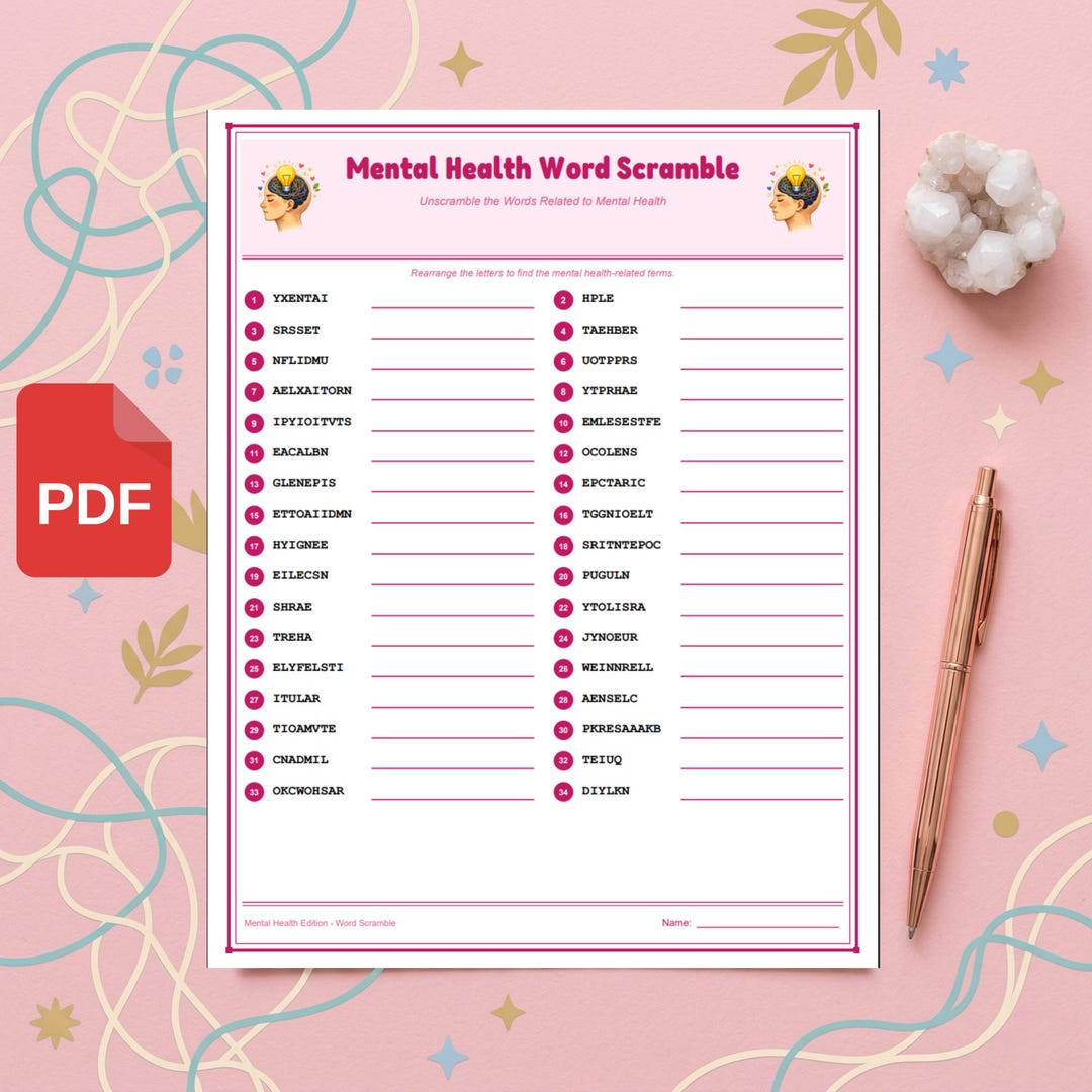 Mental Health Word Scramble Printable, Wellness Game for Adults, Self ...