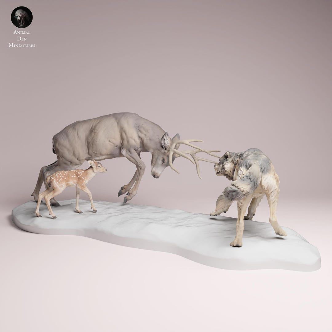 1/24 Deer Defending Fawn Vs Wolf Miniature in SLA Resin – Dramatic ...
